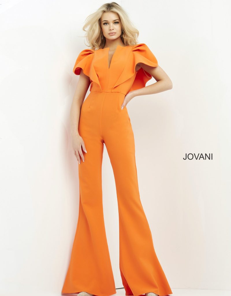 Jovani 00762 Orange Short Sleeve Contemporary Jumpsuit | Jovani