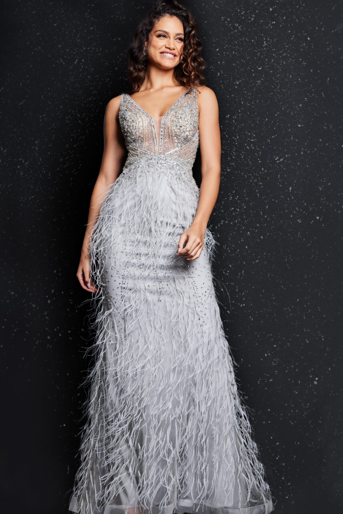 Grey Silver Feather Embellished Dress 03023 - Jovani