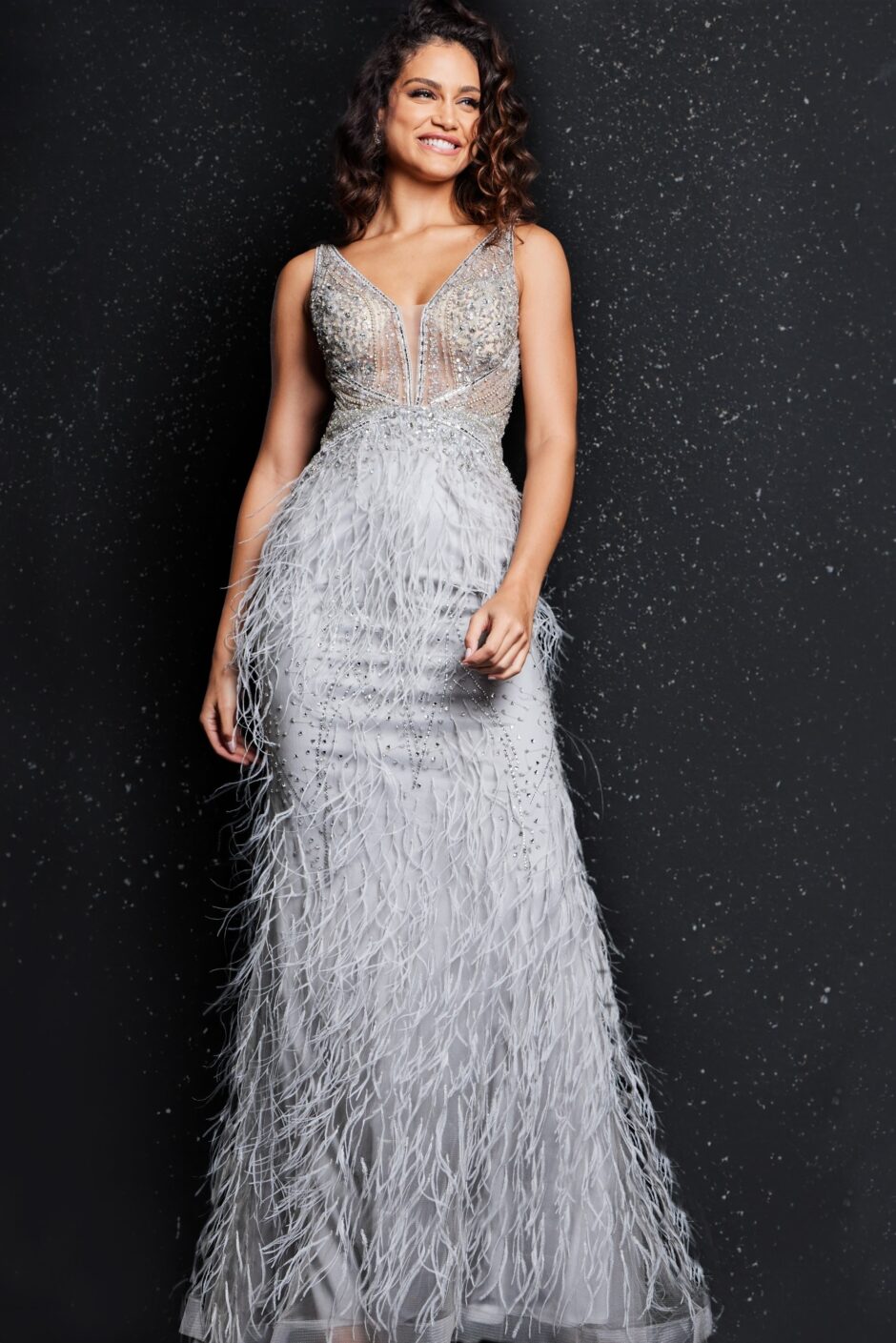 Grey Silver Feather Embellished Dress 03023 - Jovani