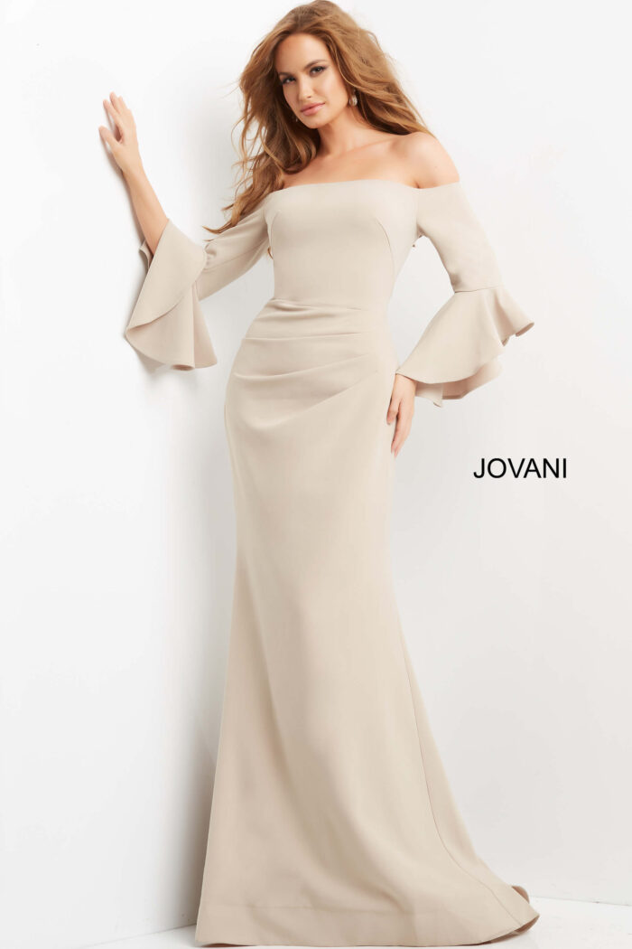 Jovani 07065 Cream Off the Shoulder Bell Sleeve Dress - Jovani
