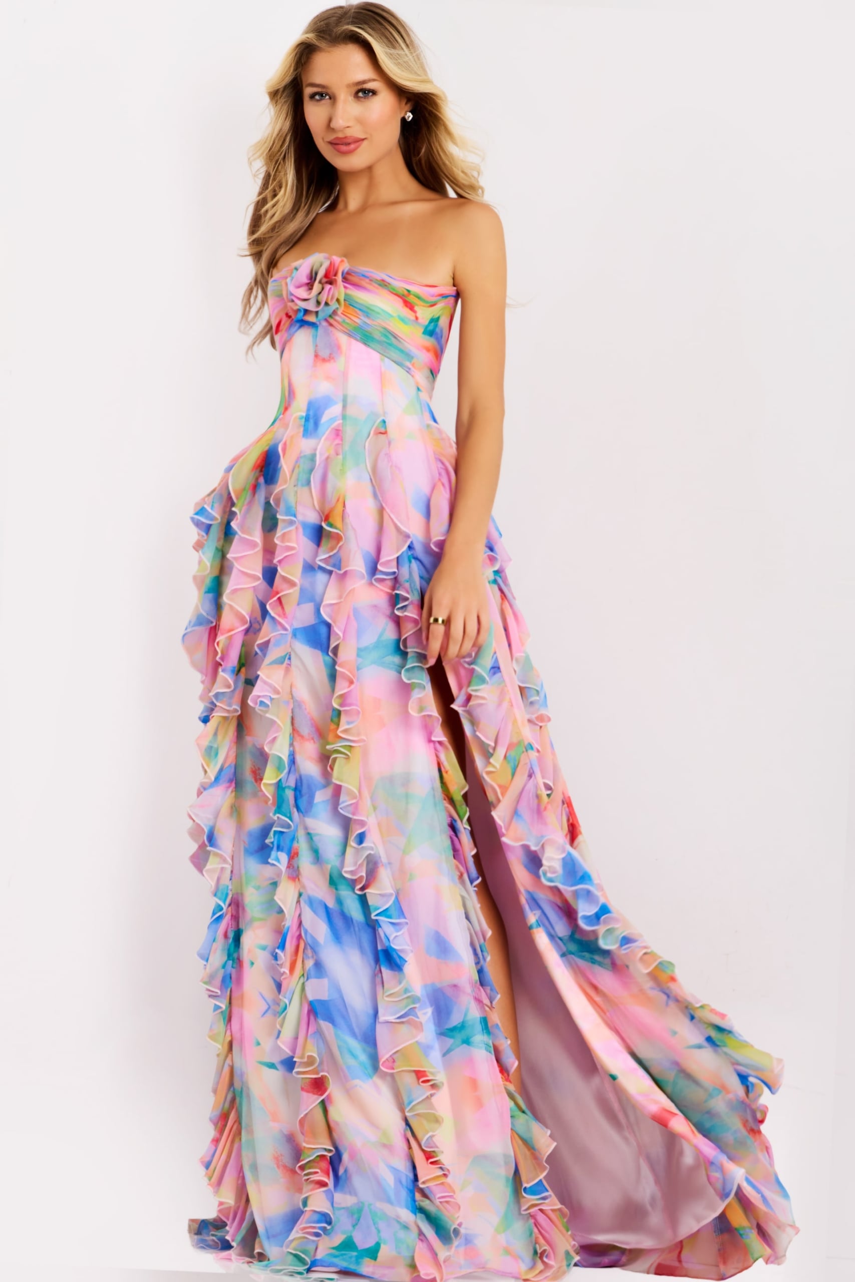 Strapless Ruffle Print Gown With High Slit 46381 | Jovani