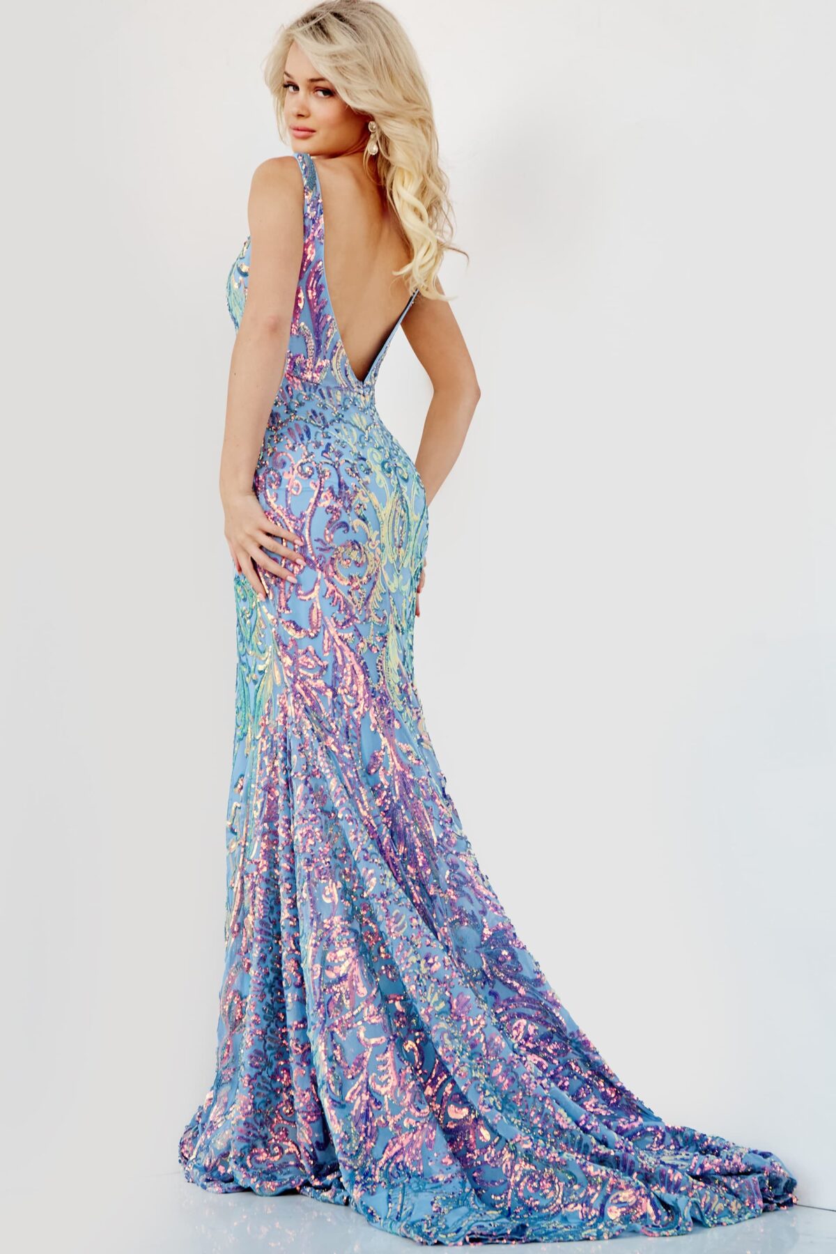 Jovani 08099 Iridescent Blue V Neck Open Back Dress - Jovani