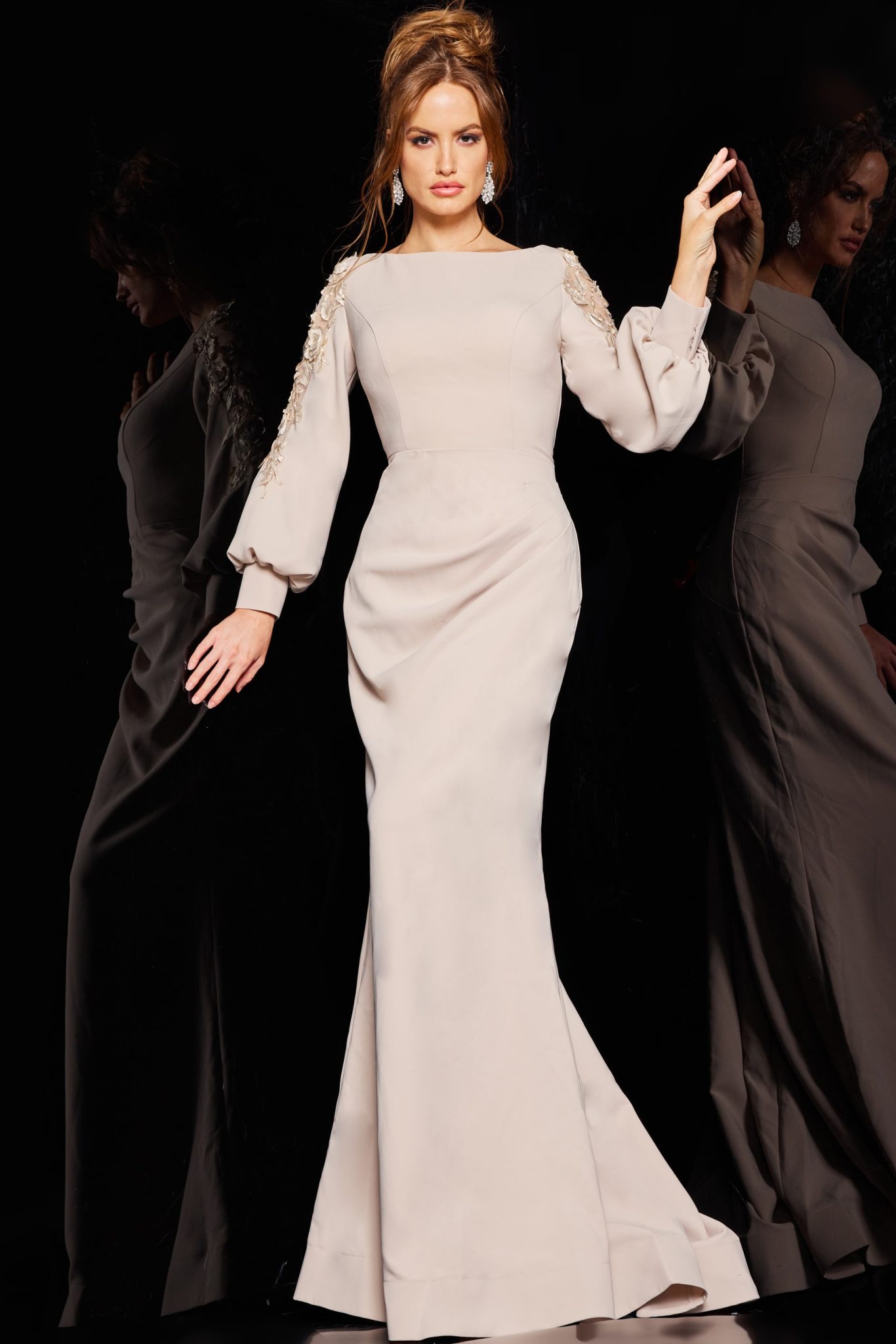 Beige Long Sleeve Ruched Formal Gown 09470 - Jovani