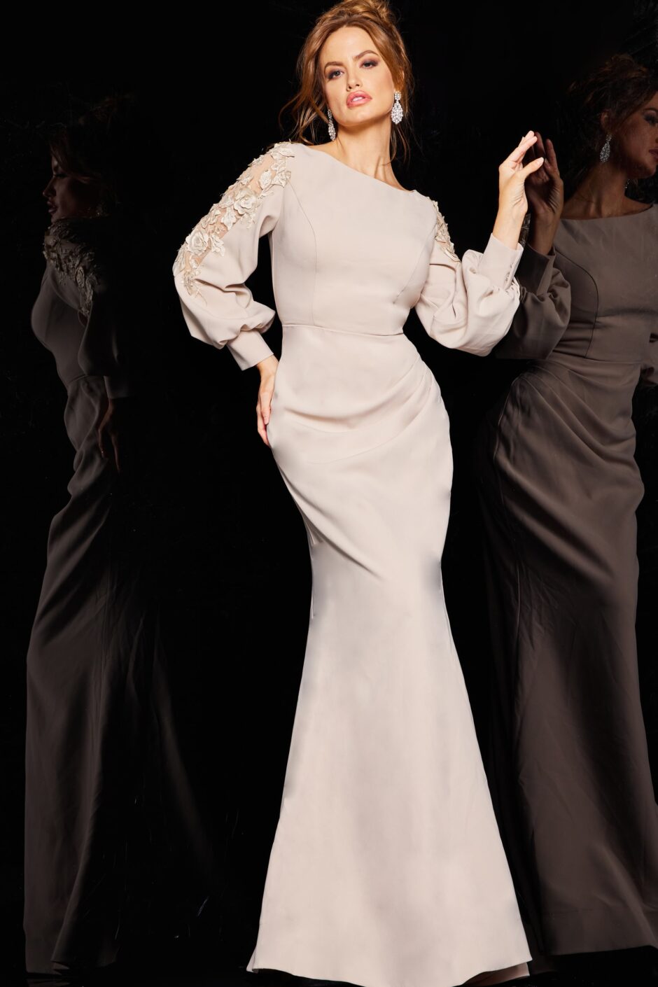 Beige Long Sleeve Ruched Formal Gown 09470 - Jovani