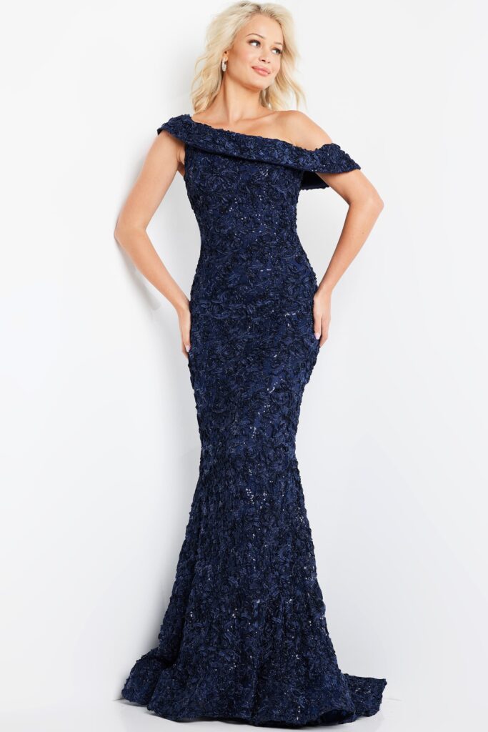 Jovani 09766 Navy Lace Off the Shoulder Evening Dress - Jovani