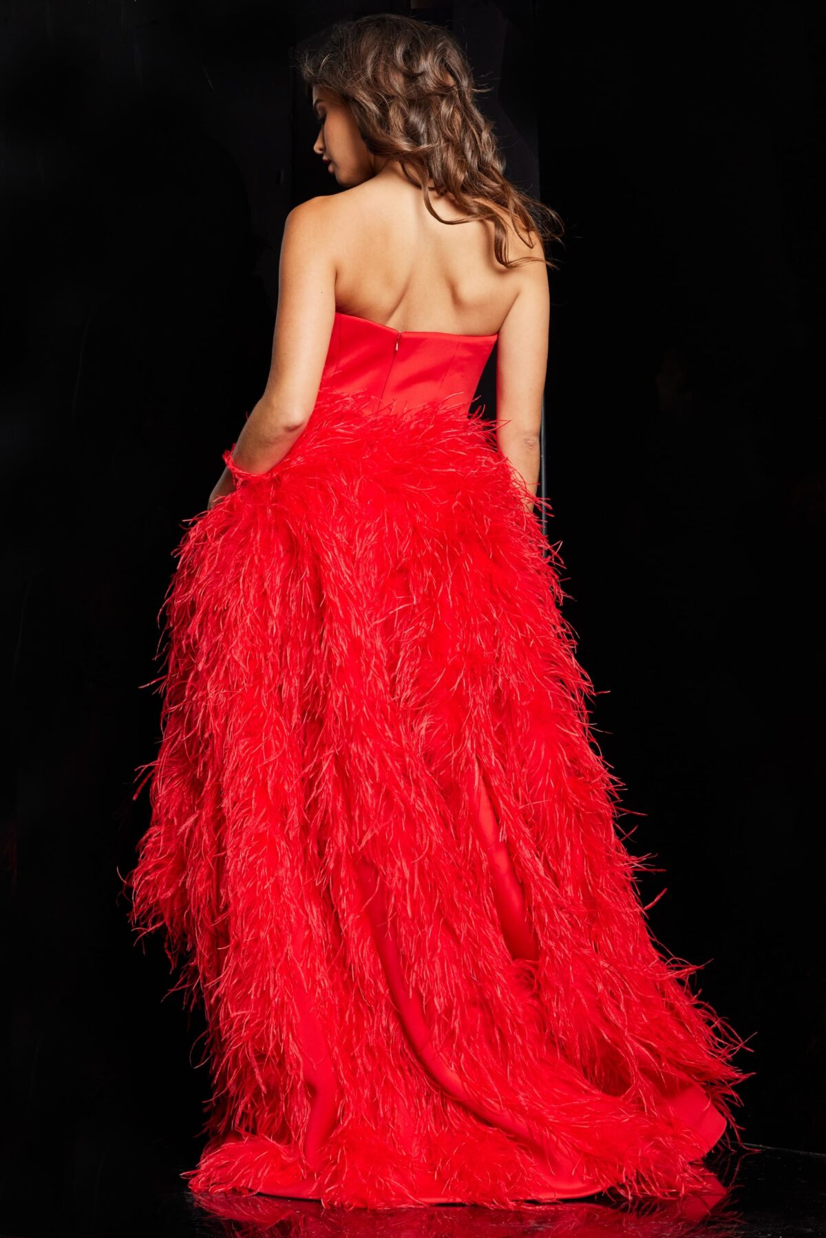 Red Feather Over Skirt Strapless Jumpsuit 22817 - Jovani