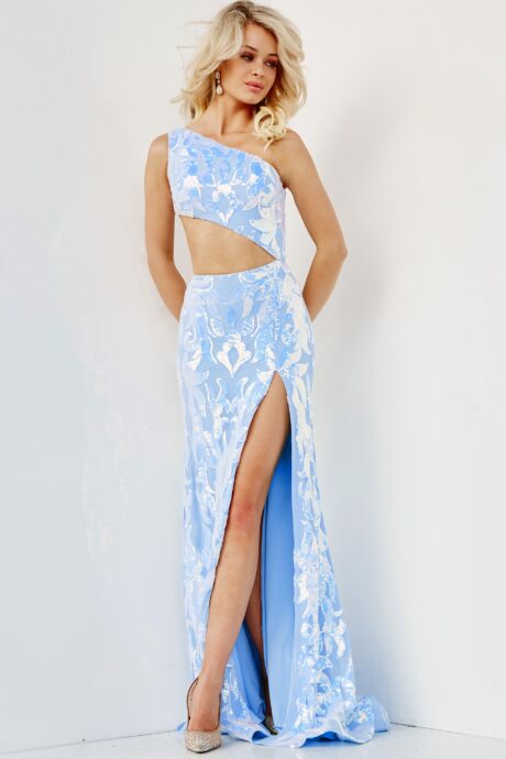 Jovani 22853 Light Blue One Shoulder High Slit Dress - Jovani