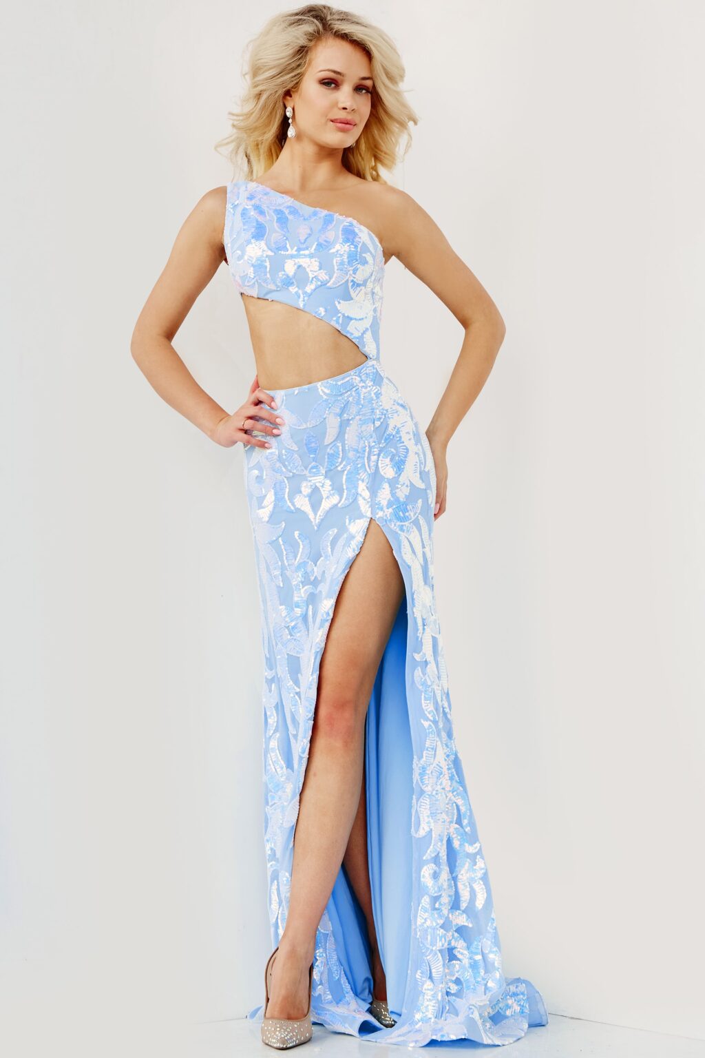 Jovani 22853 Light Blue One Shoulder High Slit Dress - Jovani