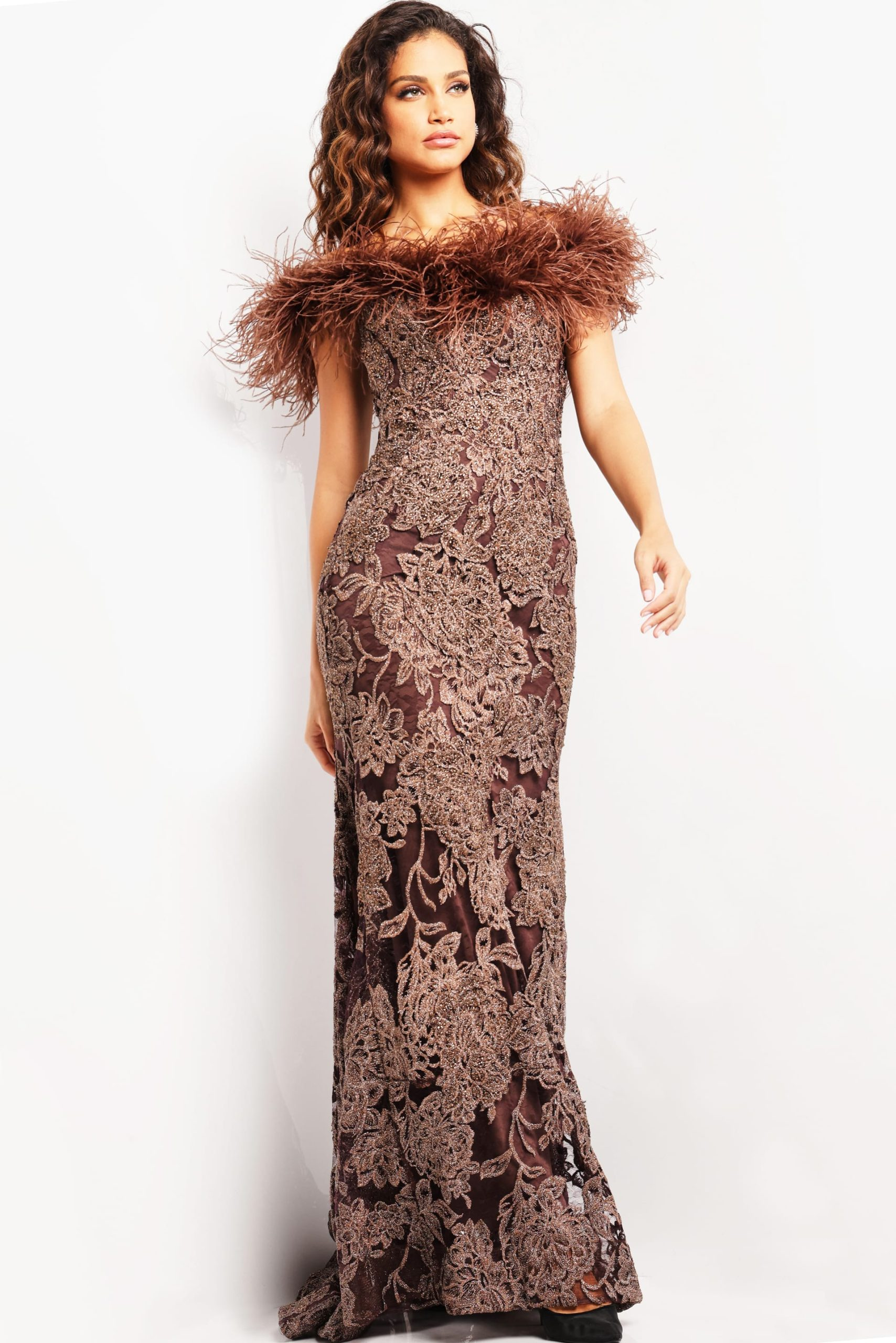 Brown Lace Off the Shoulder Gown 23030 - Jovani