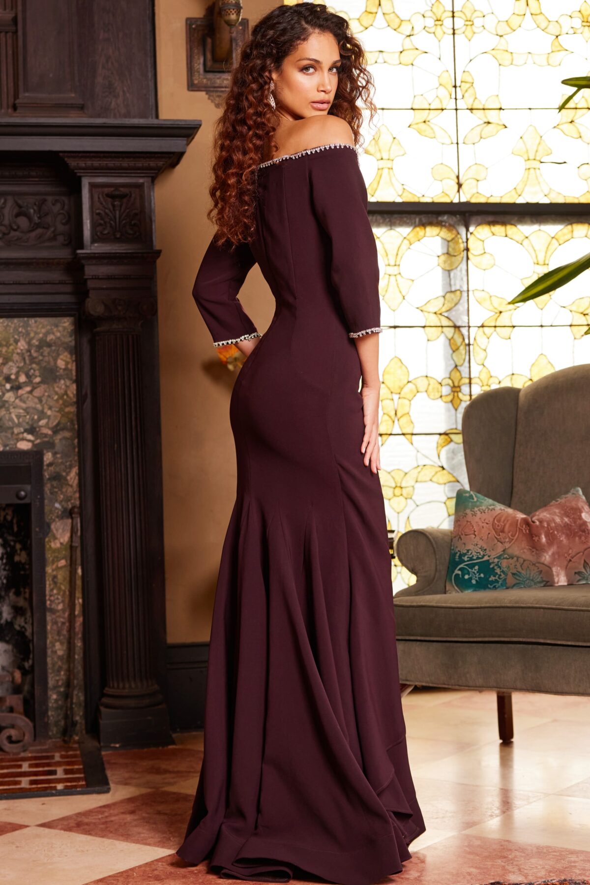 Jovani 23190 Plum Fitted Three Quarter Sleeve Evening Gown - Jovani