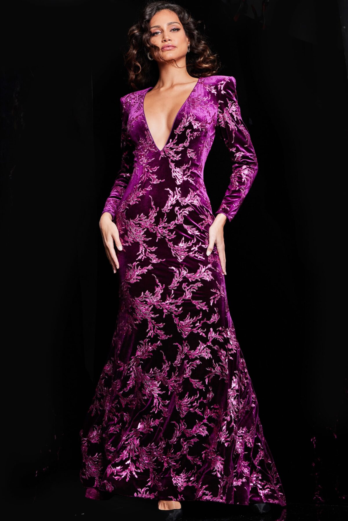 Merlot Velvet Low V Neck Dress 23715 - Jovani