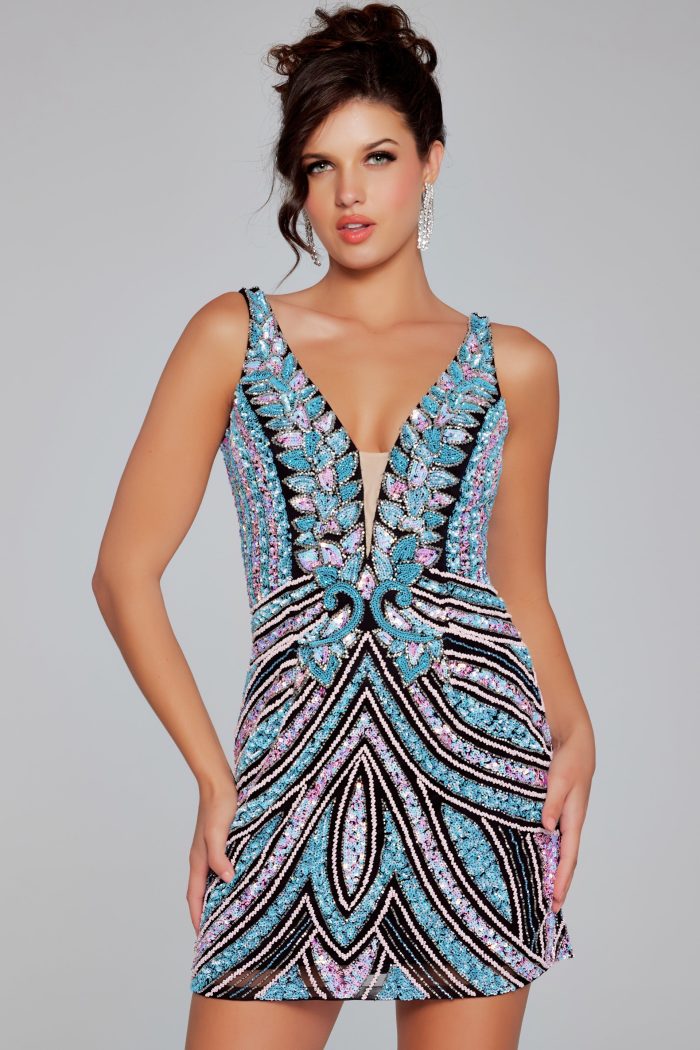 Embellished Deep V Neck Mini Dresses 25925 - Jovani