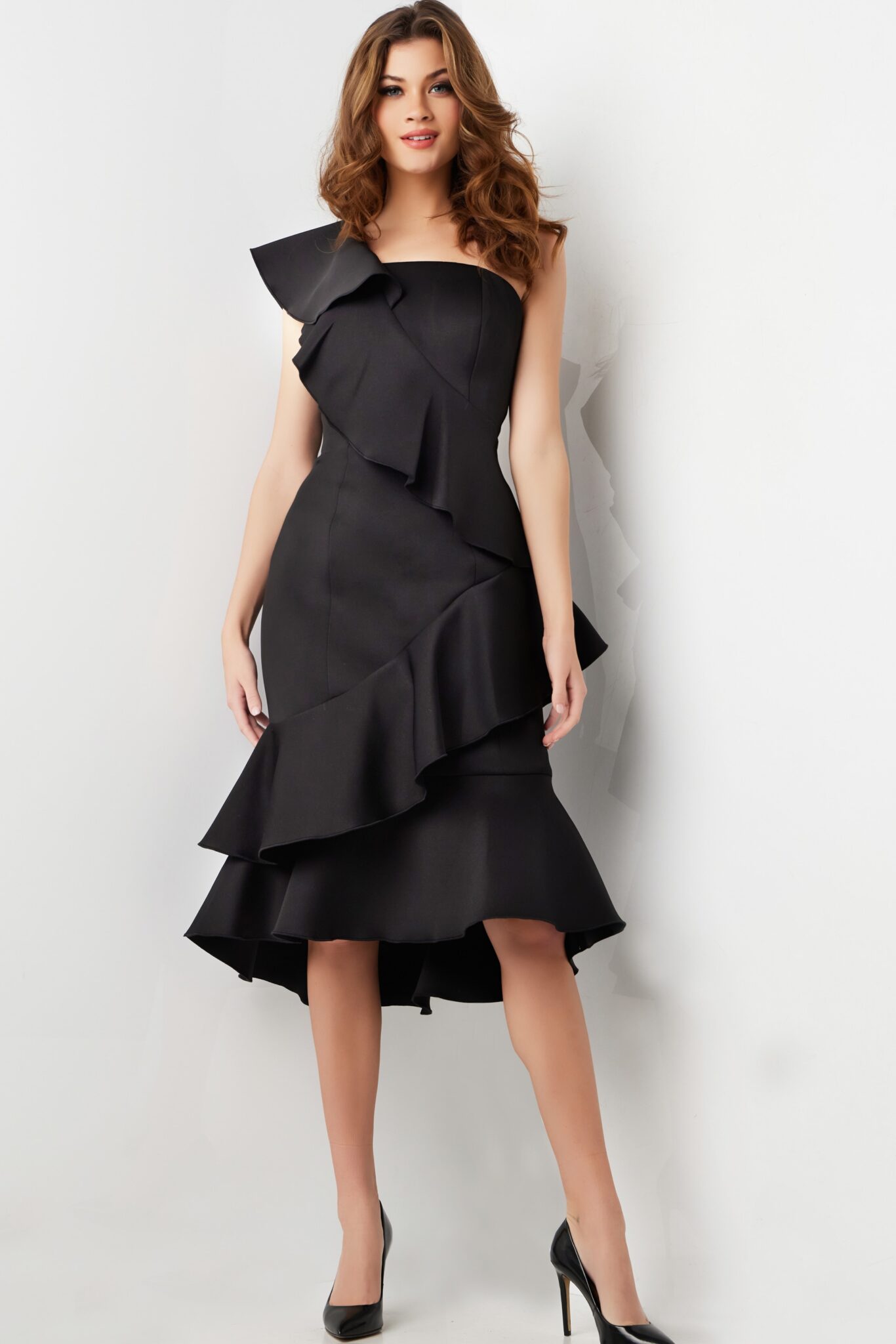 Black Ruffle One Shoulder Cocktail Dress 25971 - Jovani