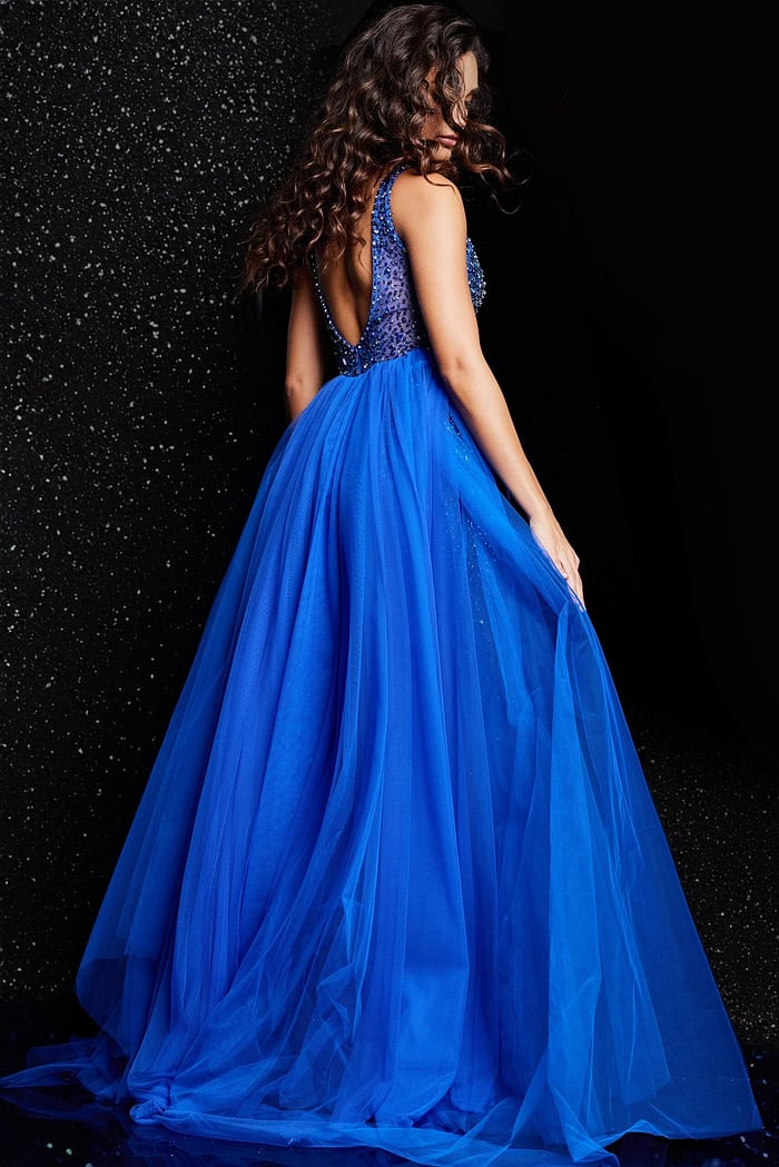 Royal Blue V Neckline Beaded Dress 26058 | Jovani