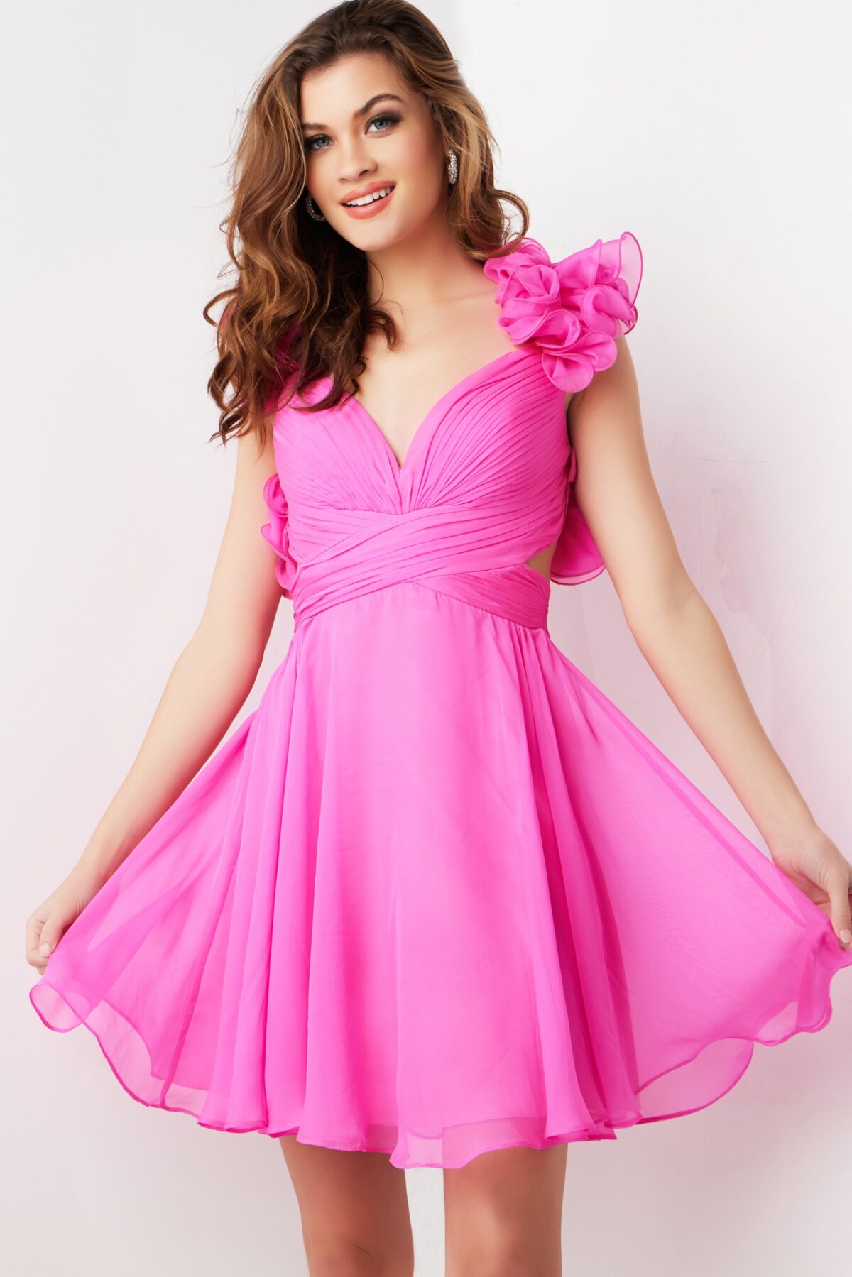 Hot Pink Ruffle Shoulders Chiffon Short Dress 26139 - Jovani