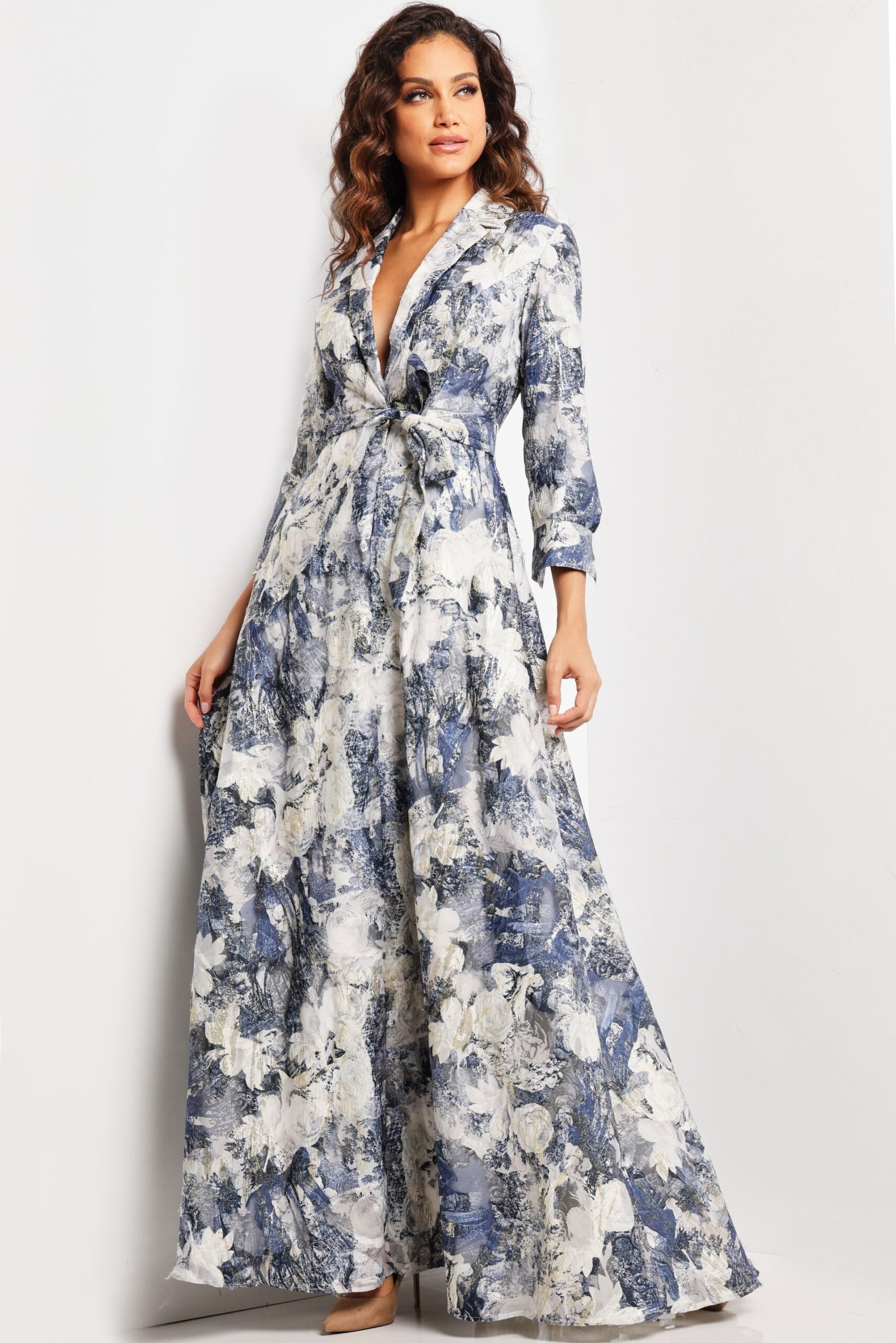 Print Long Sleeve V Neck Gown 26202 | Jovani