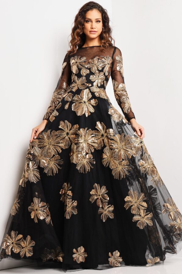 Black and Gold Long Sleeve Formal Dress 36716 - Jovani
