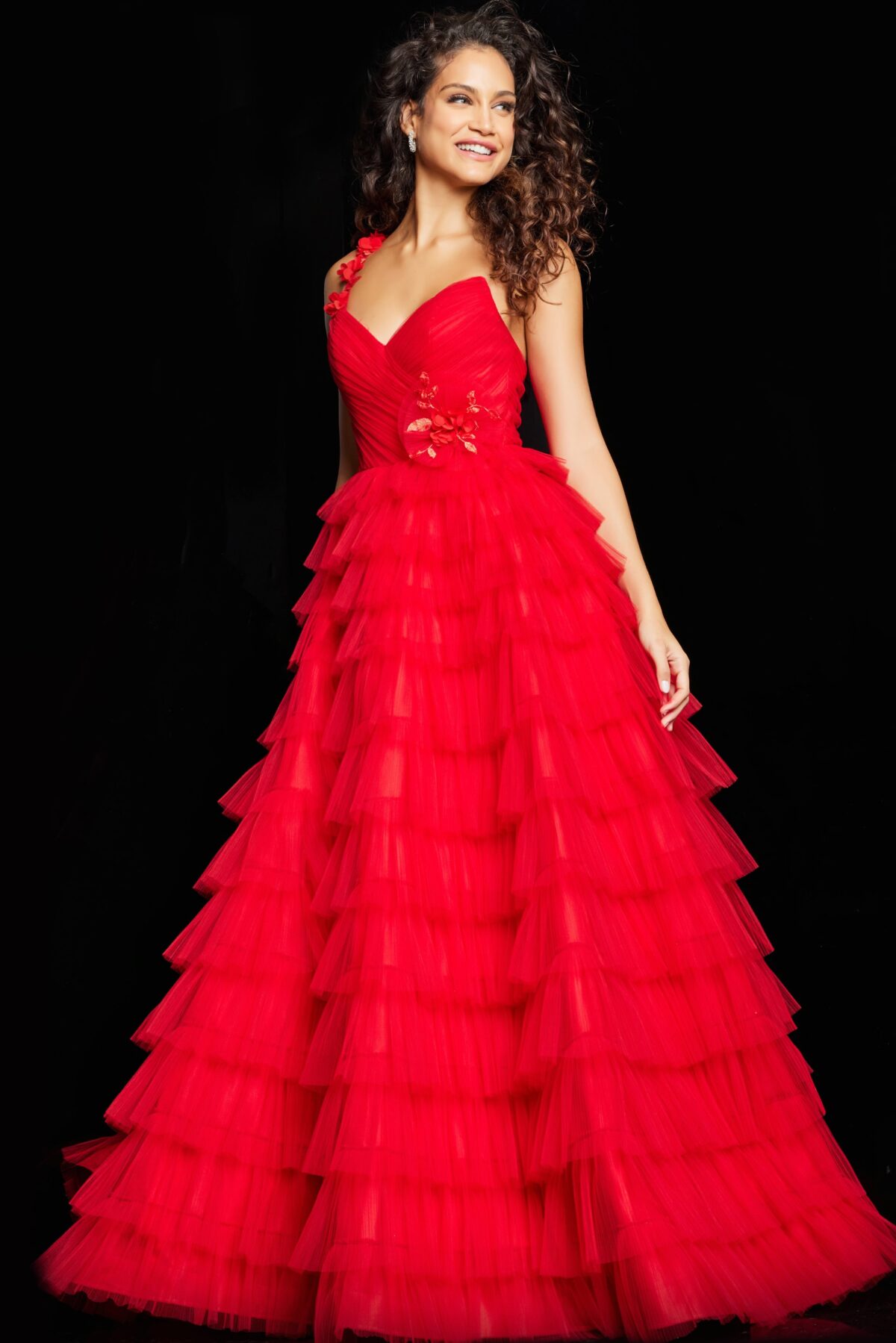 Red Tulle One Shoulder Gown 37274 - Jovani