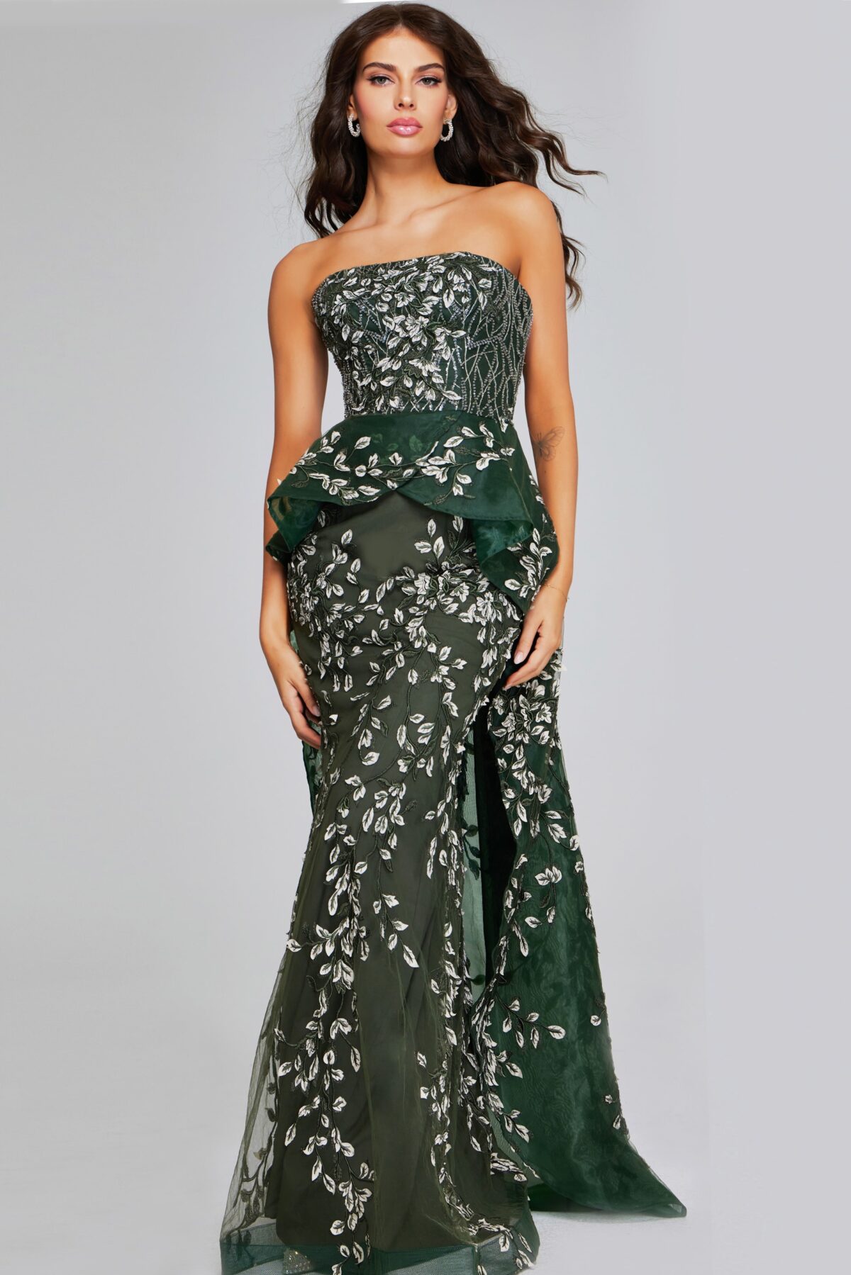 Dark Green Strapless Gown with Embroidered Floral Design 37599 - Jovani