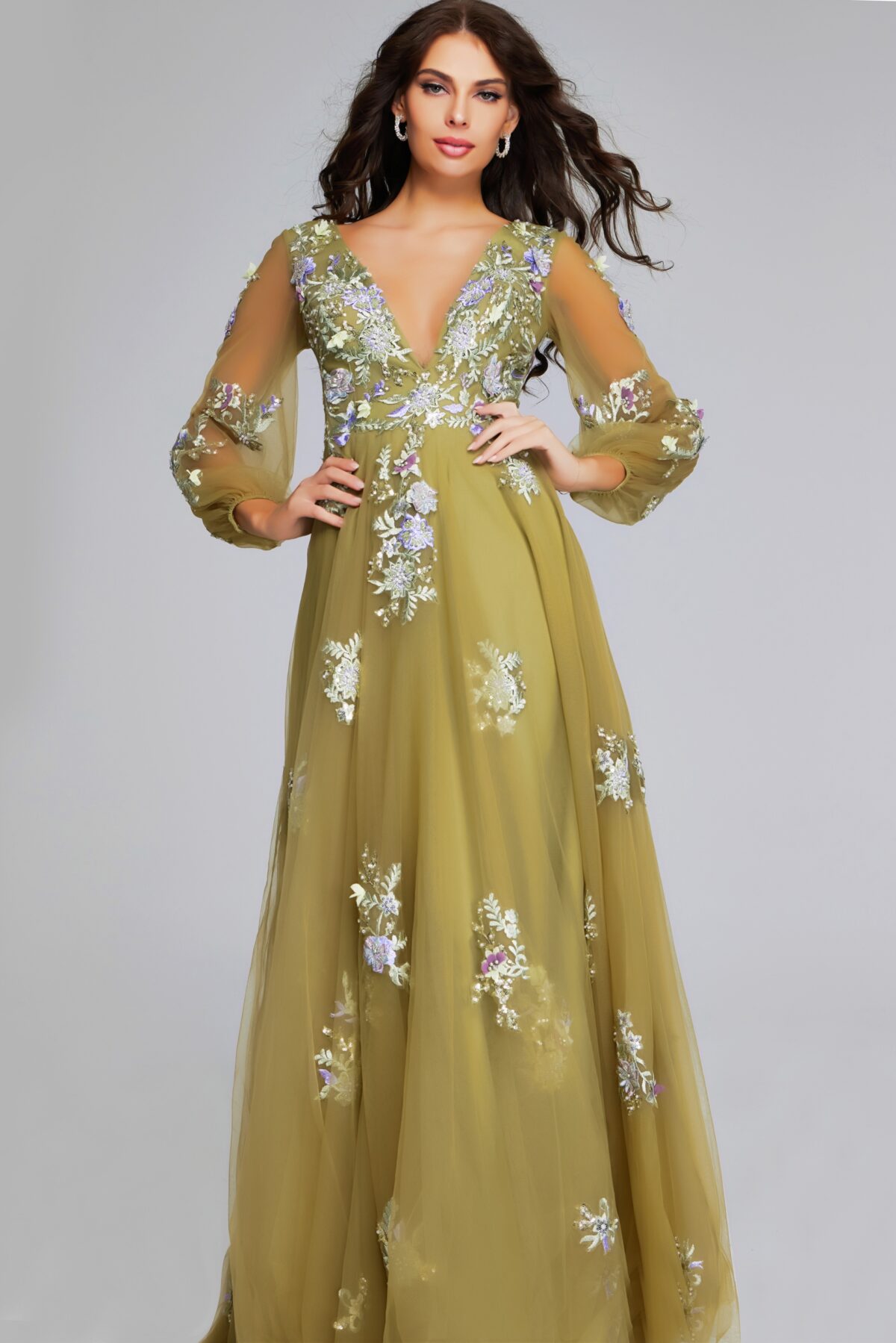 Green Long-Sleeve Gown with Floral Embroidery and Deep V-Neck 37607 ...