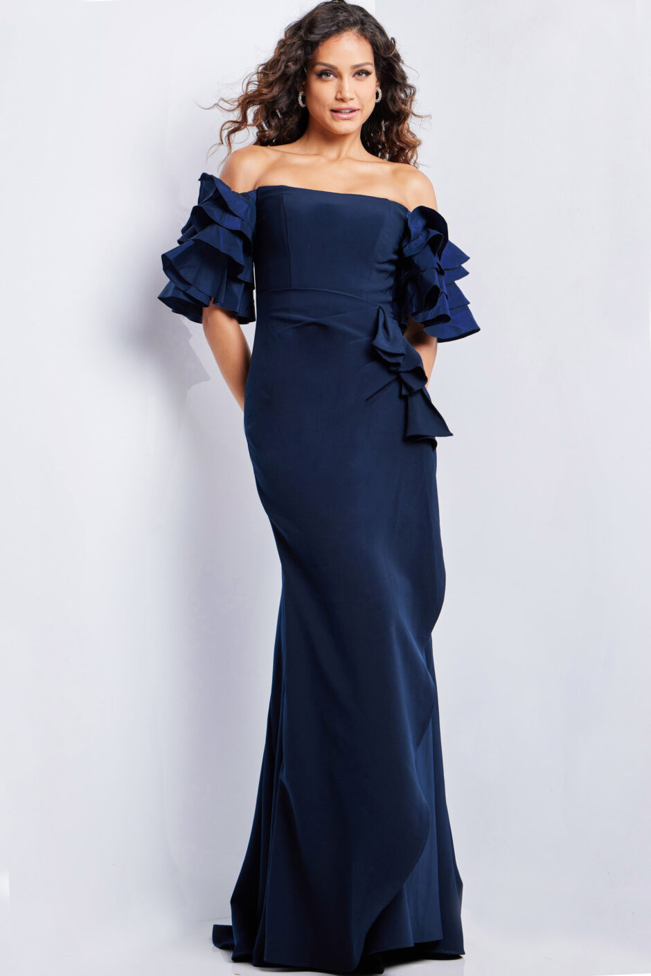 Navy Off the Shoulder Short Sleeve Gown 37674 - Jovani