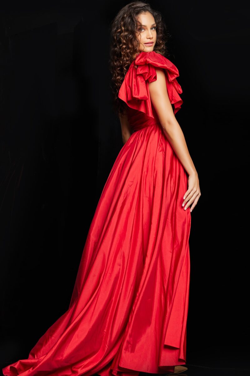 Red One Shoulder High Slit Gown 38466 Jovani
