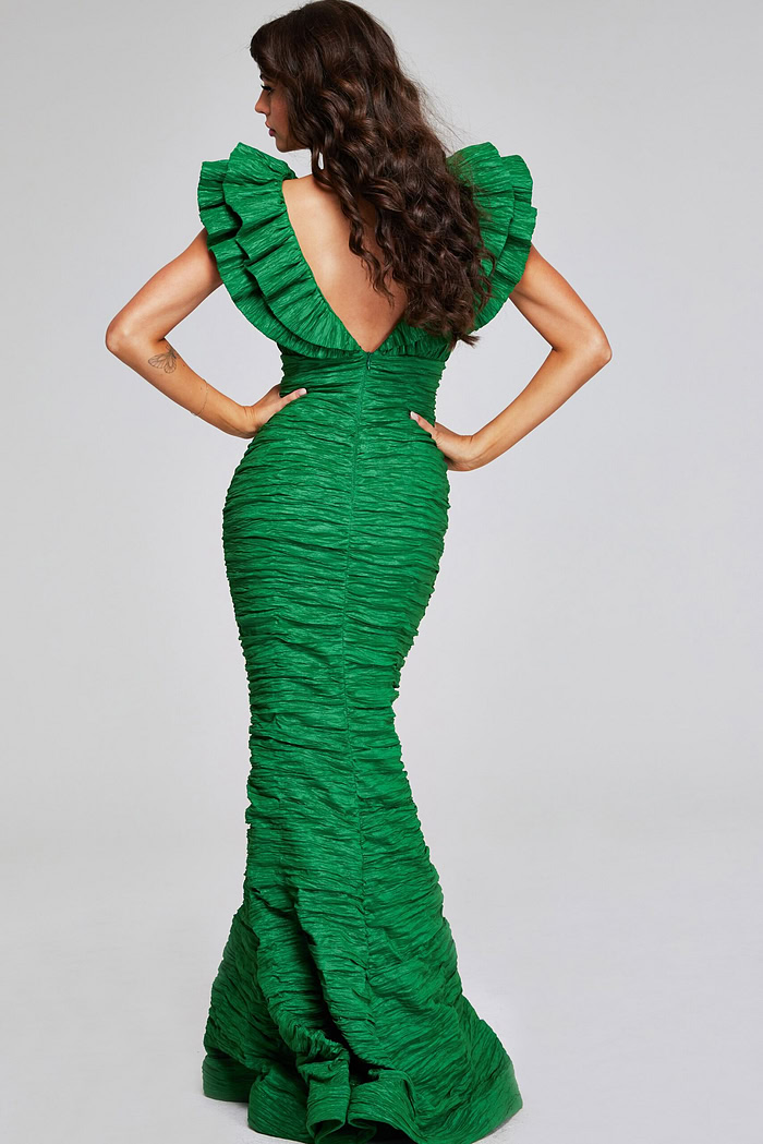 Green Textured Mermaid Gown with Ruffled Sleeves 40044 | Jovani