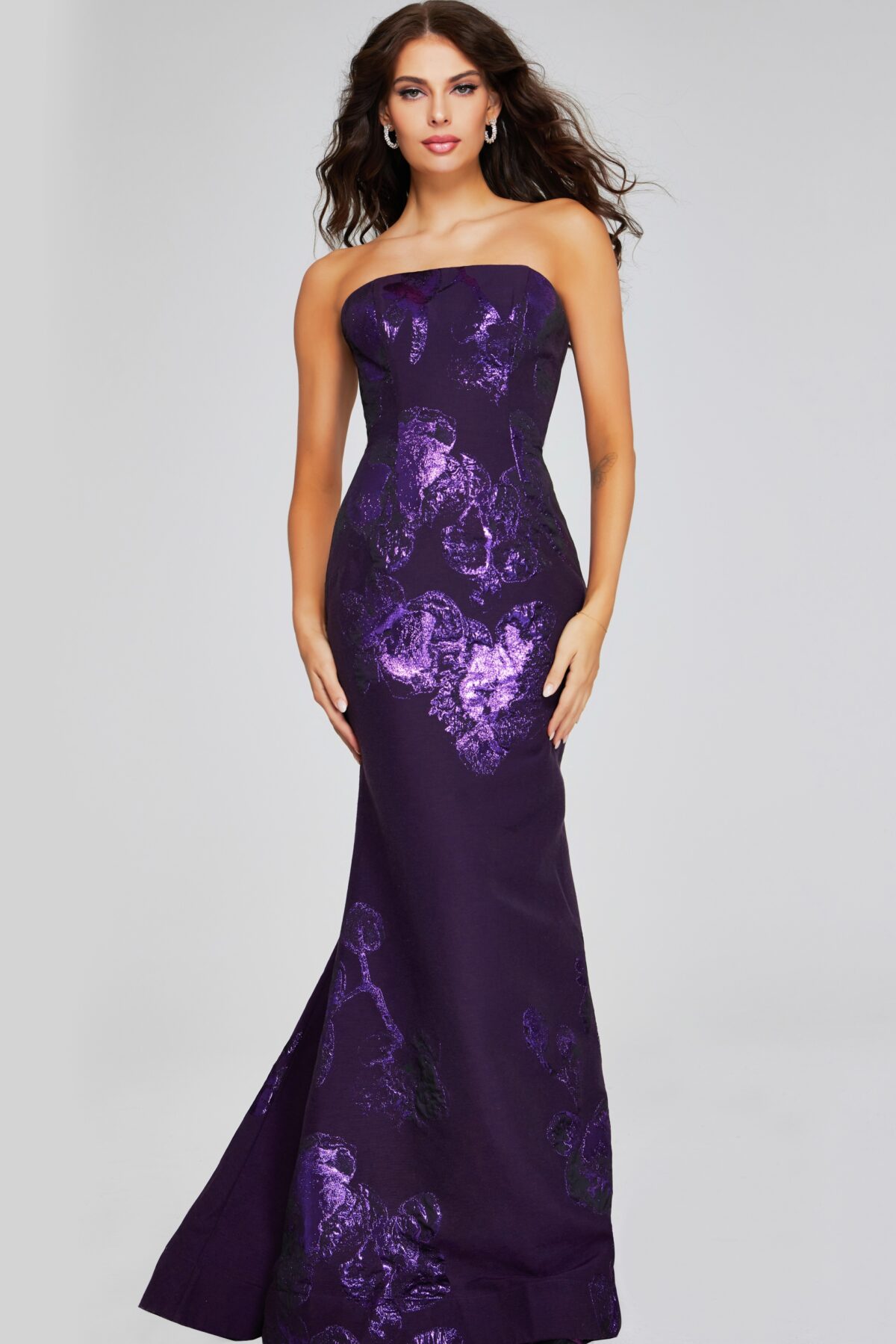 Elegant Purple Strapless Gown with Shimmering Floral Pattern 40318 - Jovani