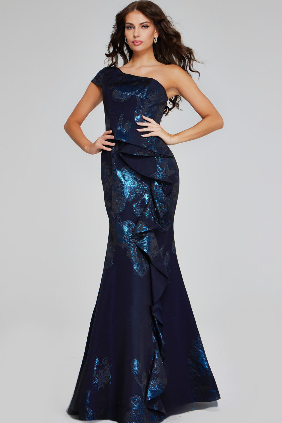Elegant Navy One-Shoulder Gown with Metallic Accents 40320 - Jovani