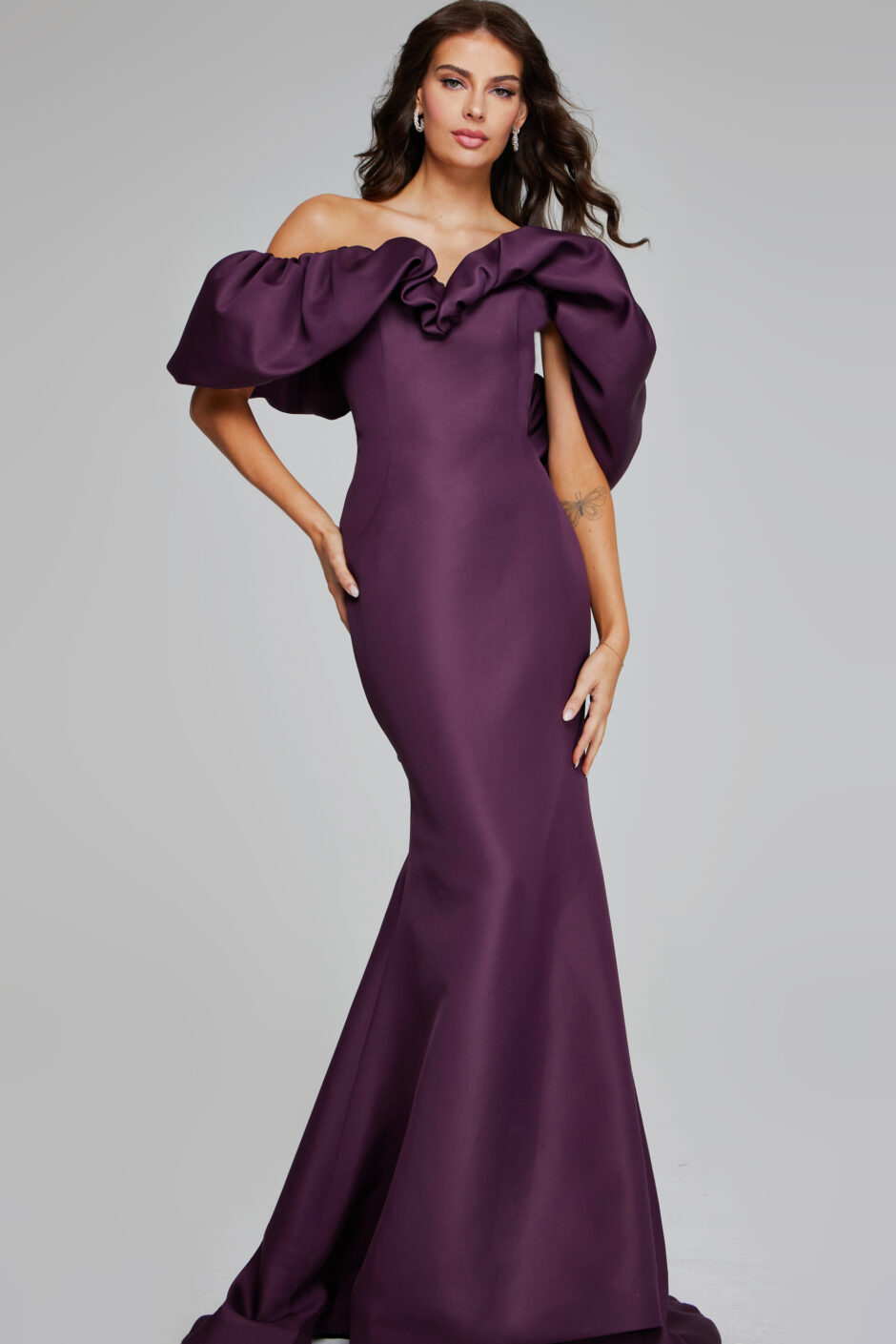 Wine Off-Shoulder Gown with Dramatic Ruffled Sleeves 40596 - Jovani