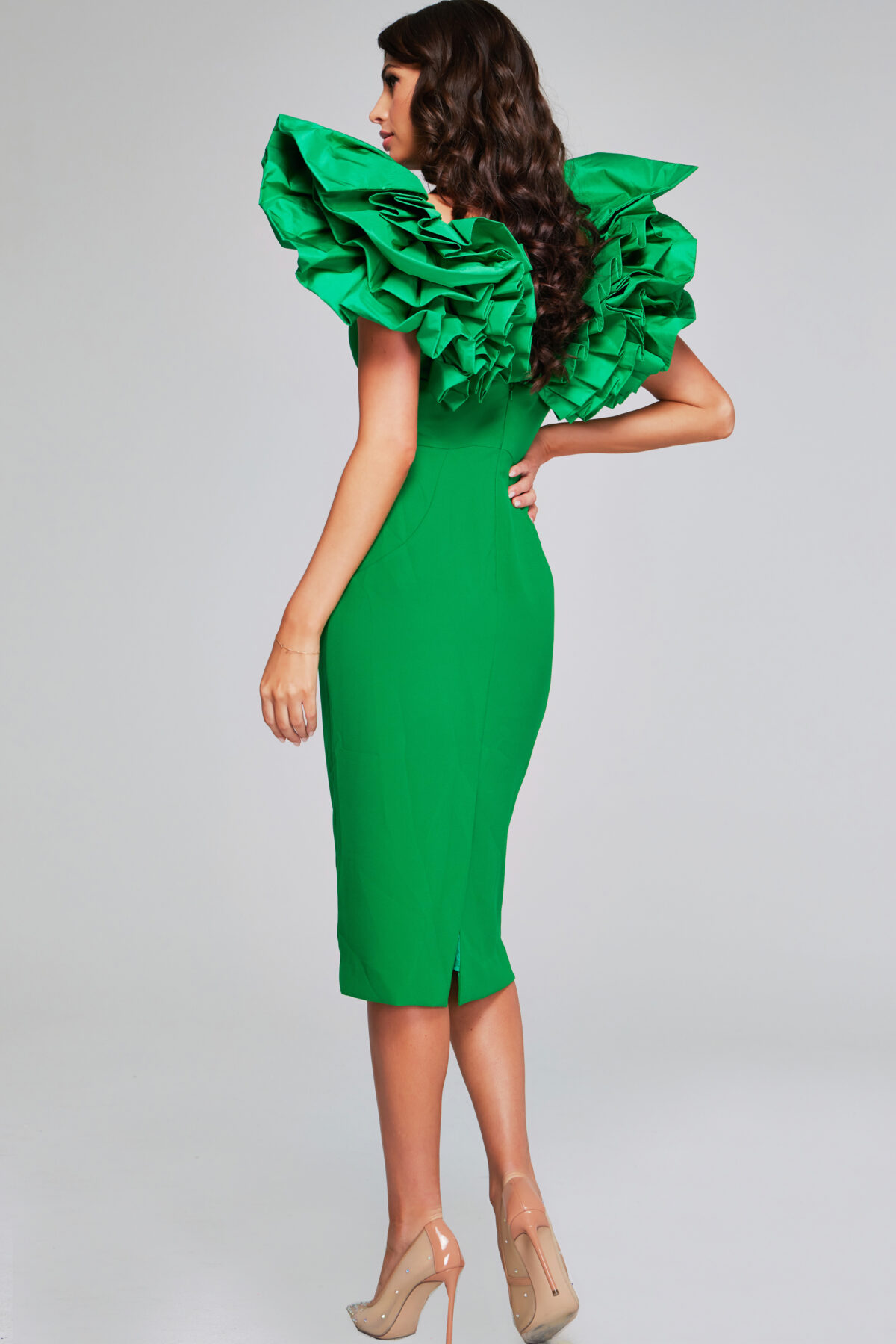 Elegant Emerald Green Ruffle Shoulder Midi Dress 40662 - Jovani