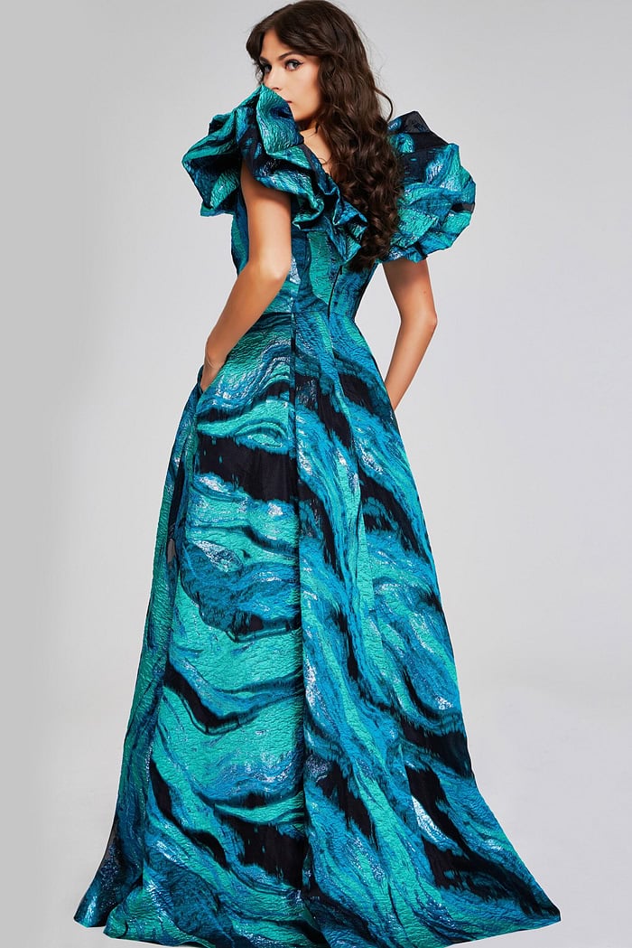 Vibrant Teal Multi-Print Gown with Ruffled V-Neckline 40696 | Jovani