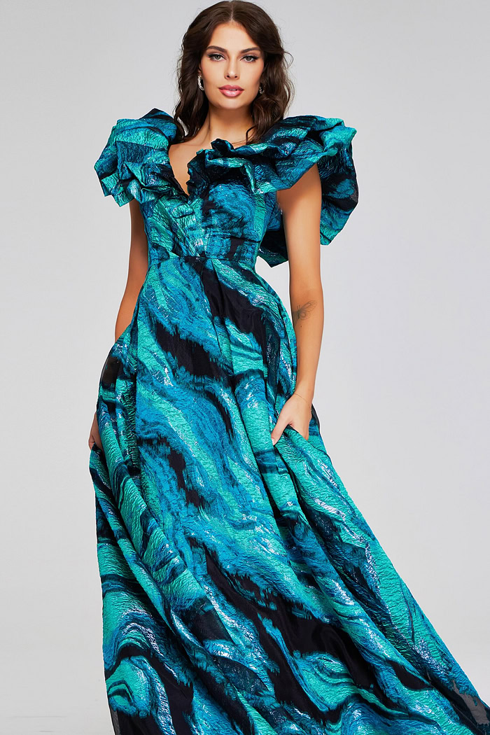 Vibrant Teal Multi-Print Gown with Ruffled V-Neckline 40696 | Jovani