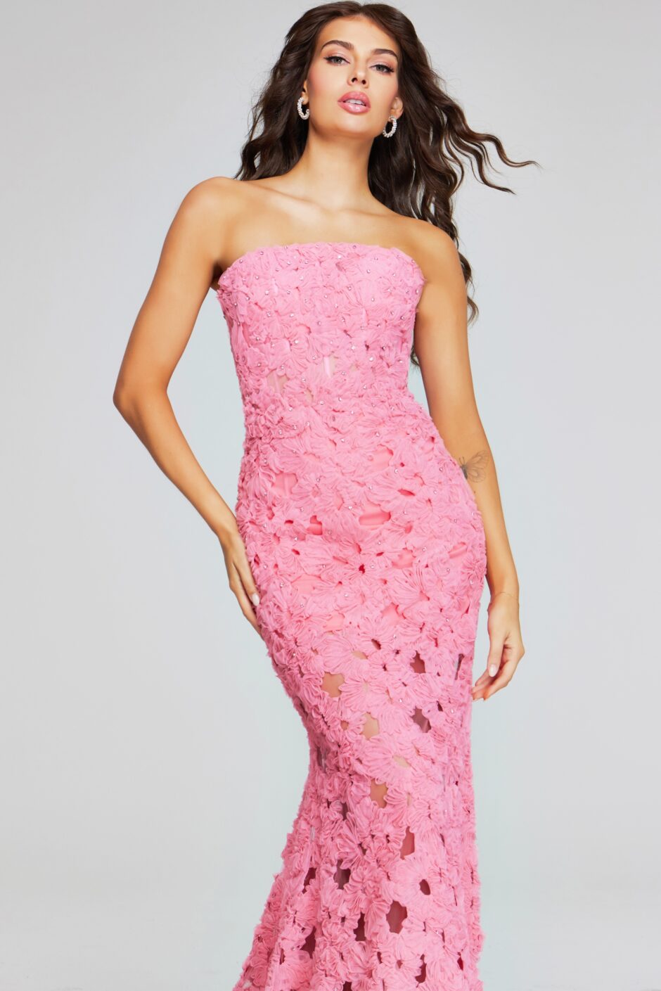 Pink Strapless Gown with Floral Lace Detailing 40744 - Jovani