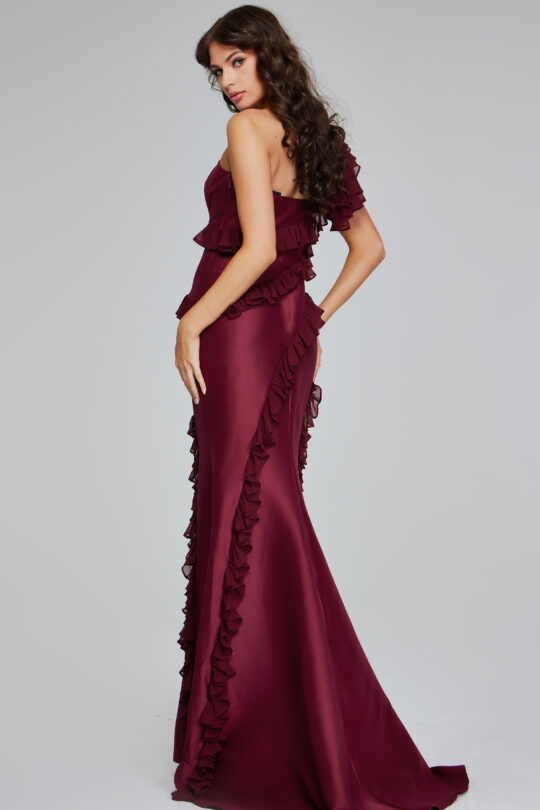 Burgundy One-Shoulder Ruffled Gown 40751 - Jovani