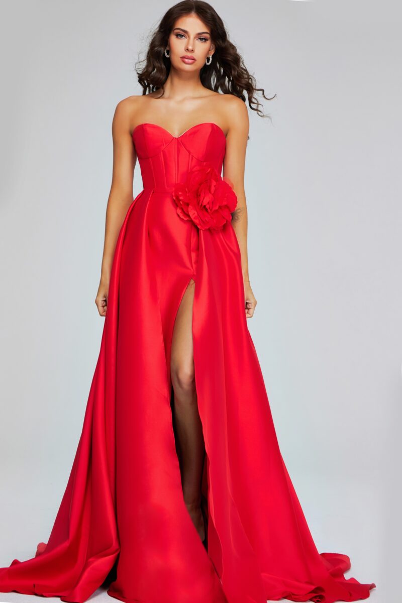 Stunning Red Strapless Gown with High Slit and Floral Accent 40826 - Jovani
