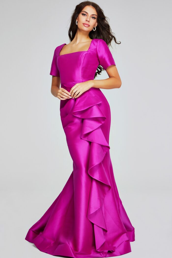 Vibrant Orchid Gown with Square Neckline and Ruffle Detail 41128 - Jovani