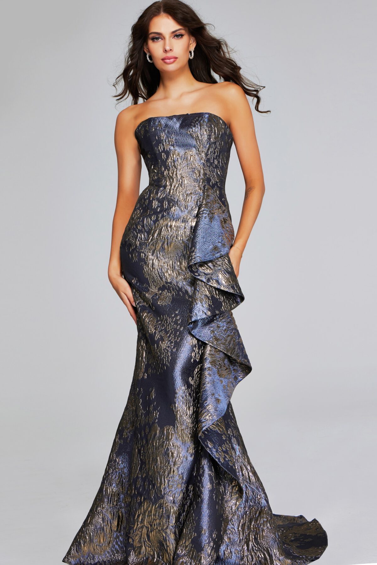Gunmetal and Gold Strapless Gown with Cascading Ruffle 42028 - Jovani