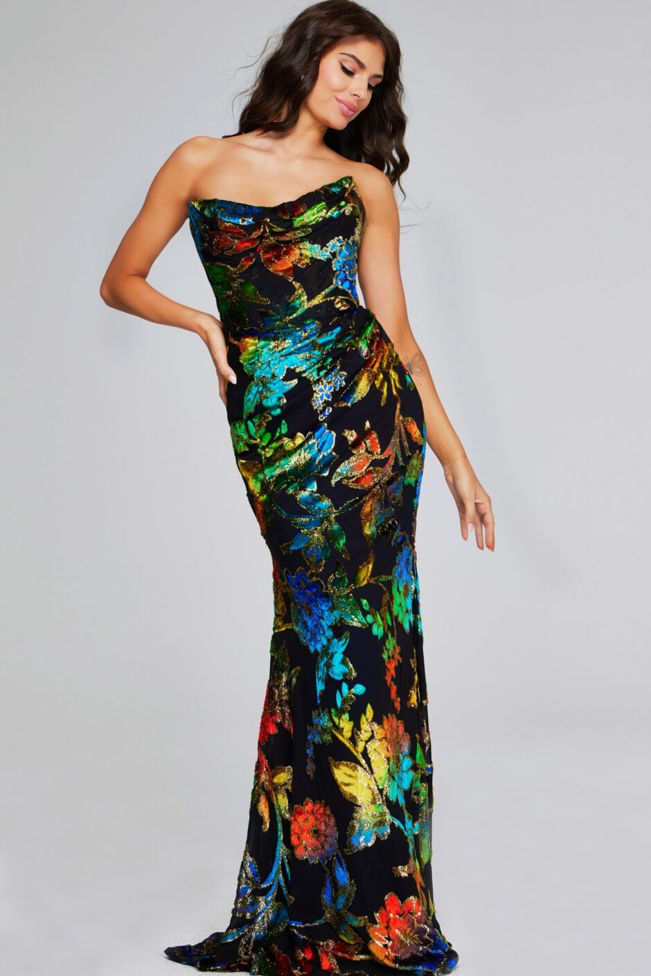 Elegant Multi-Color Strapless Gown with Vibrant Floral Pattern 42164 ...