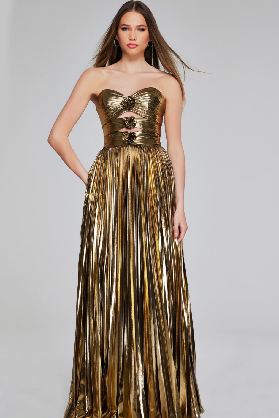 Glamorous Gold Strapless Gown with Floral Accents and Cutout Detail ...