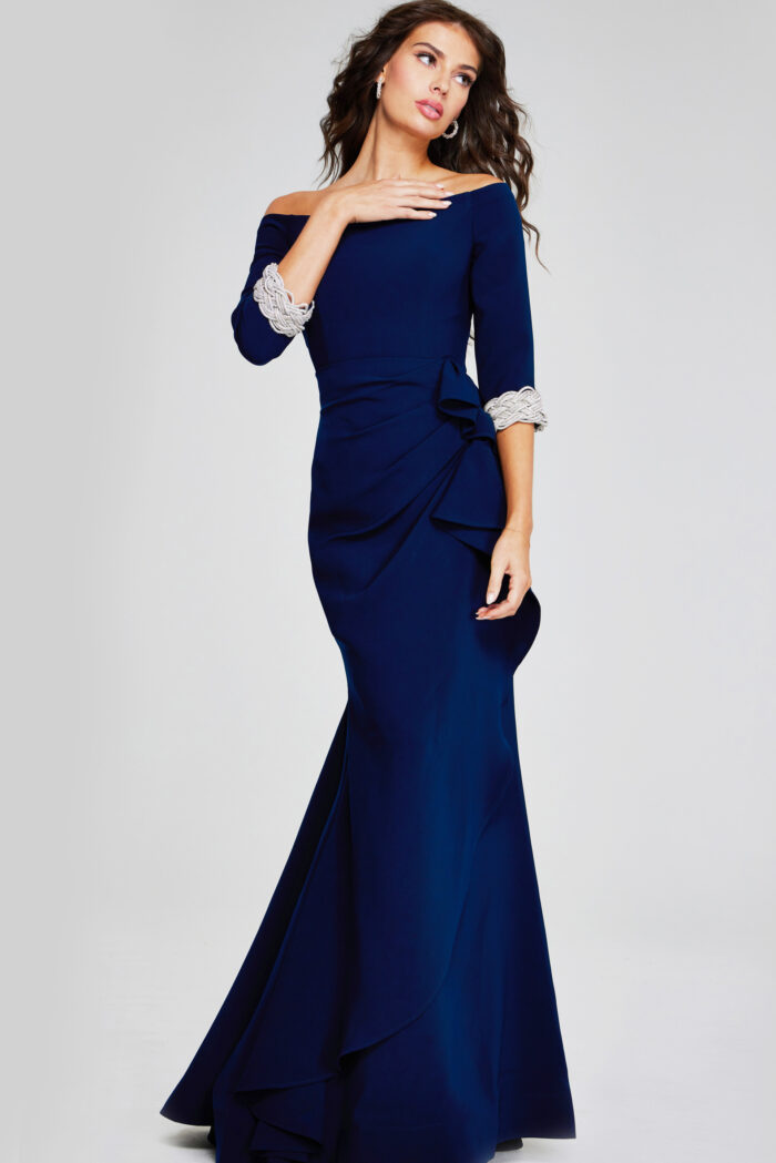 Navy Off-Shoulder Gown with Beaded Cuffs 42409 - Jovani