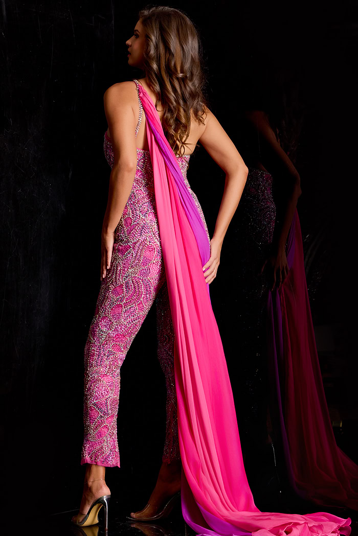 Beaded Jumpsuit With Draped Ombre Cape 42556 | Jovani