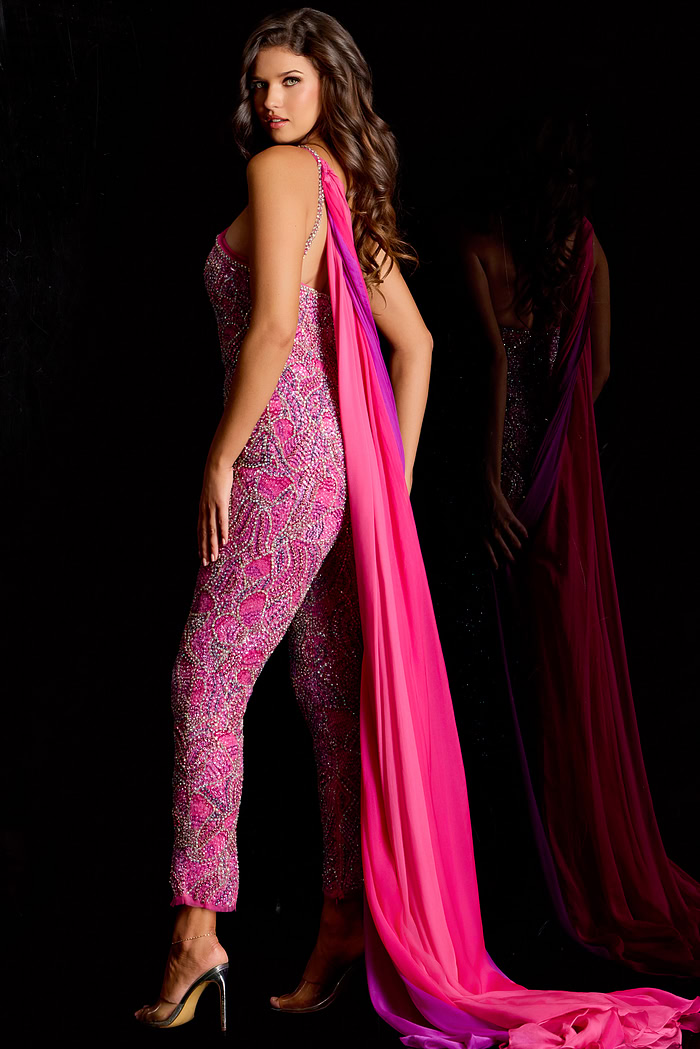 Beaded Jumpsuit With Draped Ombre Cape 42556 | Jovani