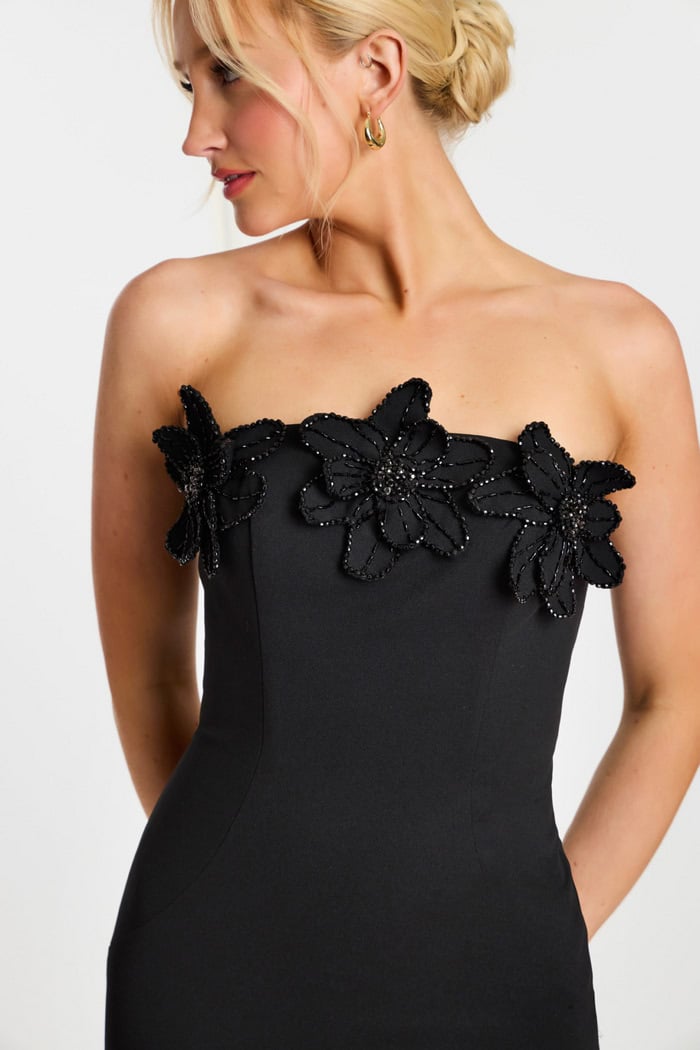 Strapless Midi Dress with Beaded Floral Bodice 45640 | Jovani