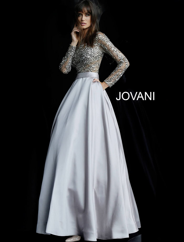 Navy Beaded Long Sleeve Ballgown 46066 | Jovani