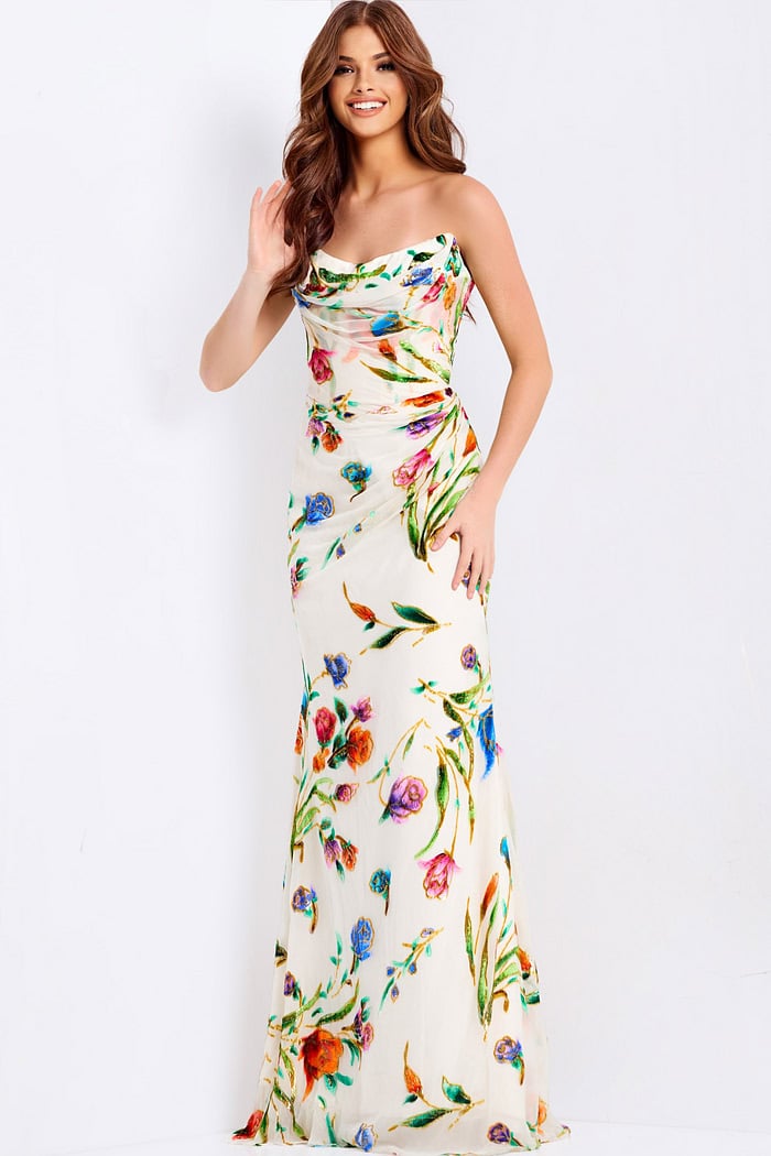 Floral Print Prom Dress With Cowl Neck 47626 | Jovani