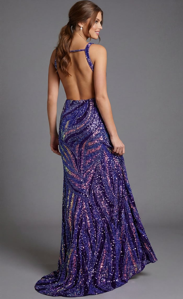 Deep V Purple Sequin Gown with Side Cutouts 47793 | Jovani