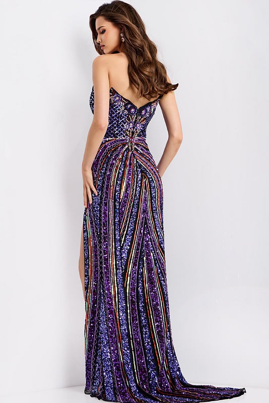 Strapless Sequin Gown with Deep V and High Slit 49270 | Jovani
