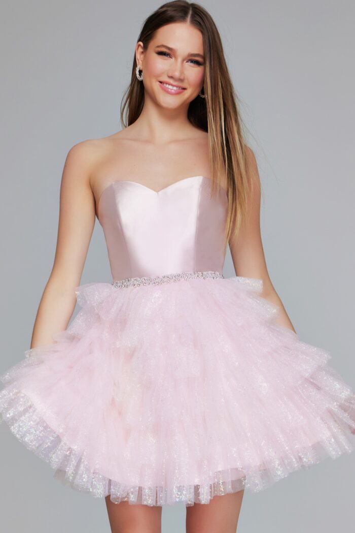 Pink Strapless Tiered Tulle Mini Dress K39310 - Jovani